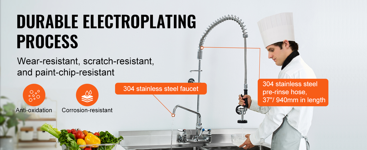 VEVOR Commercial Faucet with Pre-Rinse Sprayer, 44" Height, 8" Center ...