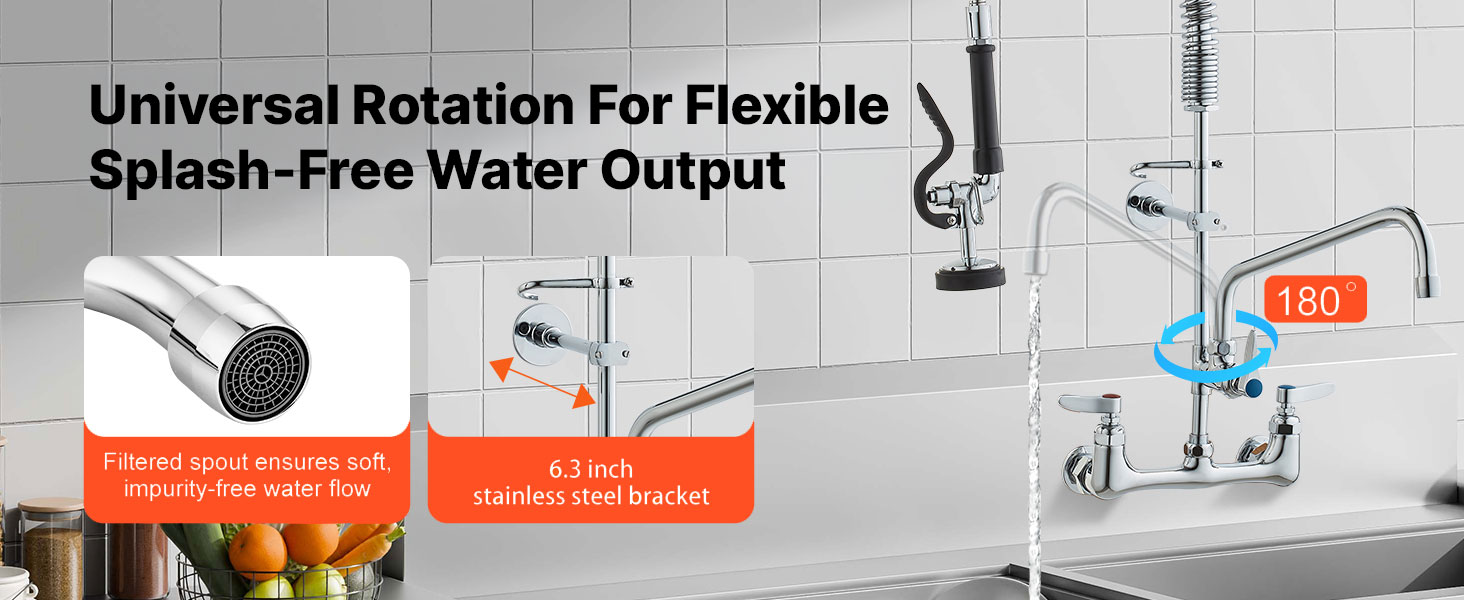 VEVOR Commercial Faucet with Pre-Rinse Sprayer, 25" Height, 8" Center ...