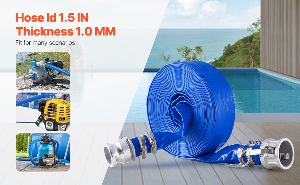 VEVOR Backwash Hose 1.5 in x 50 ft Blue High Quality Hose Complete ...