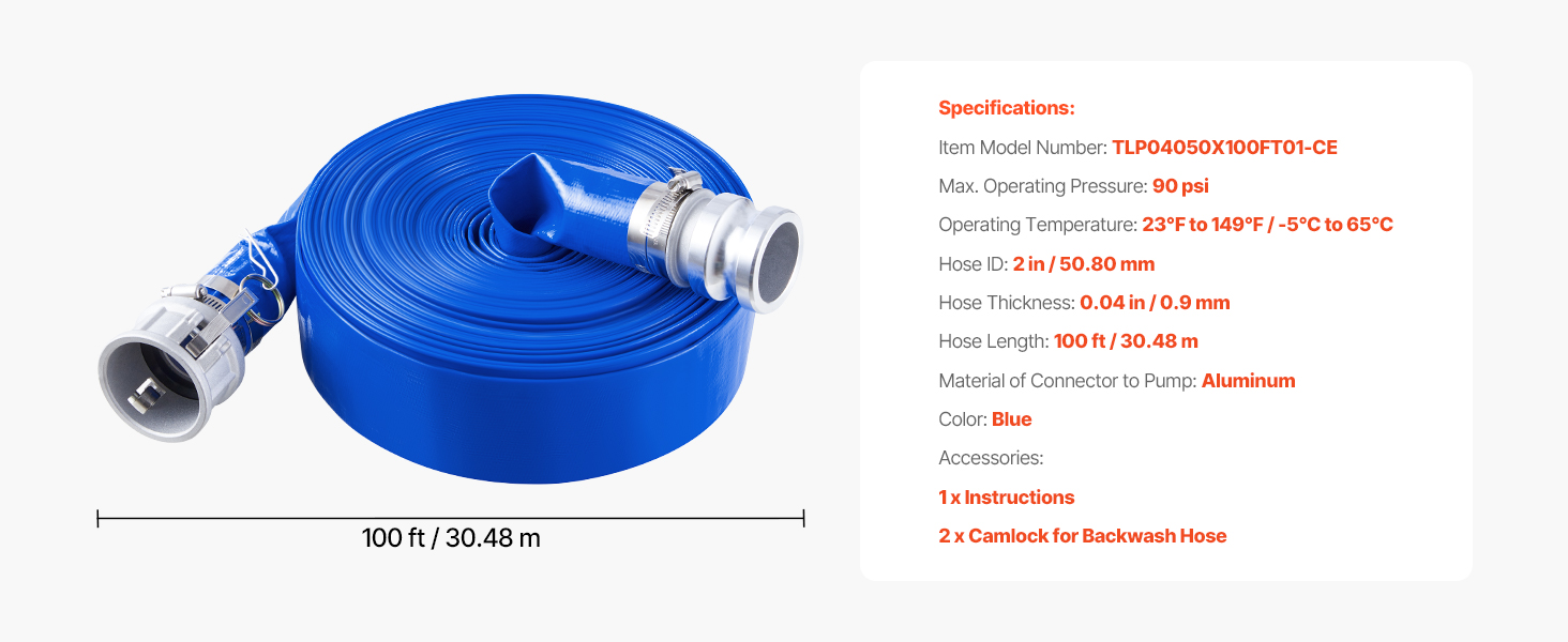 VEVOR Backwash Hose 2 in x 100 ft Blue High Quality Hose Complete ...
