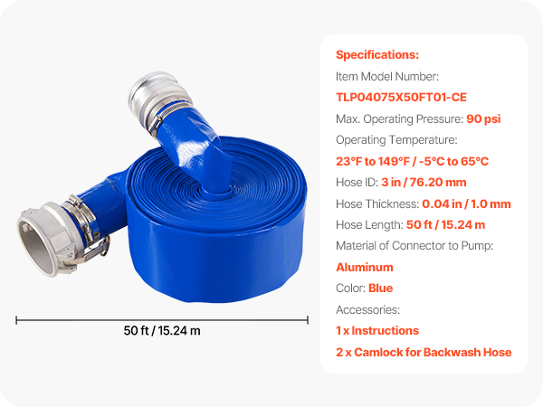 VEVOR Backwash Hose 3 in x 50 ft Blue High Quality Hose Complete ...