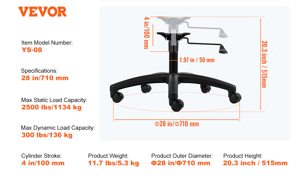 VEVOR Office Chair Base Replacement 28" Swivel Chair Base 2500 lbs 4 ...