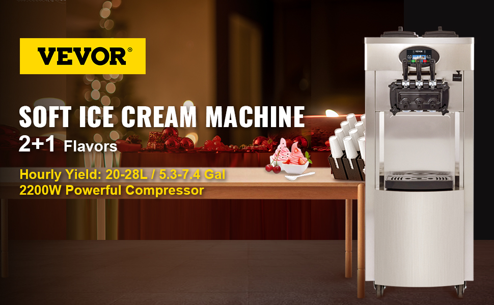 VEVOR 2200W Commercial Soft Ice Cream Machine 3 Flavors 5.3 to 7 ...