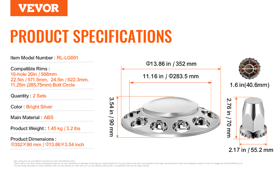 VEVOR Front Axle Cover Combo Kit ABS Lug Nut Covers with Nut Cover ...