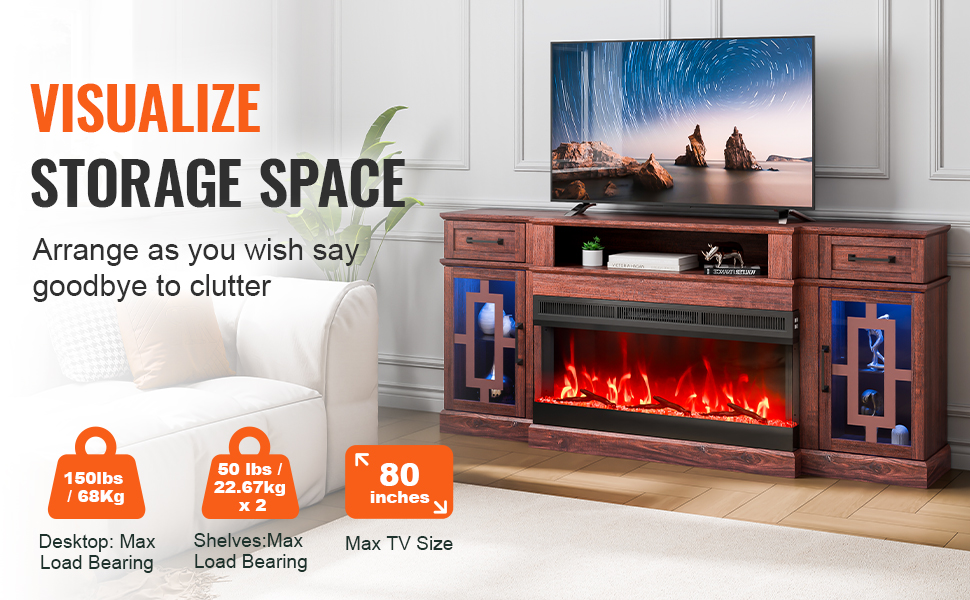 VEVOR Fireplace TV Stand for TVs 70", Media Storage Corner with 36 ...