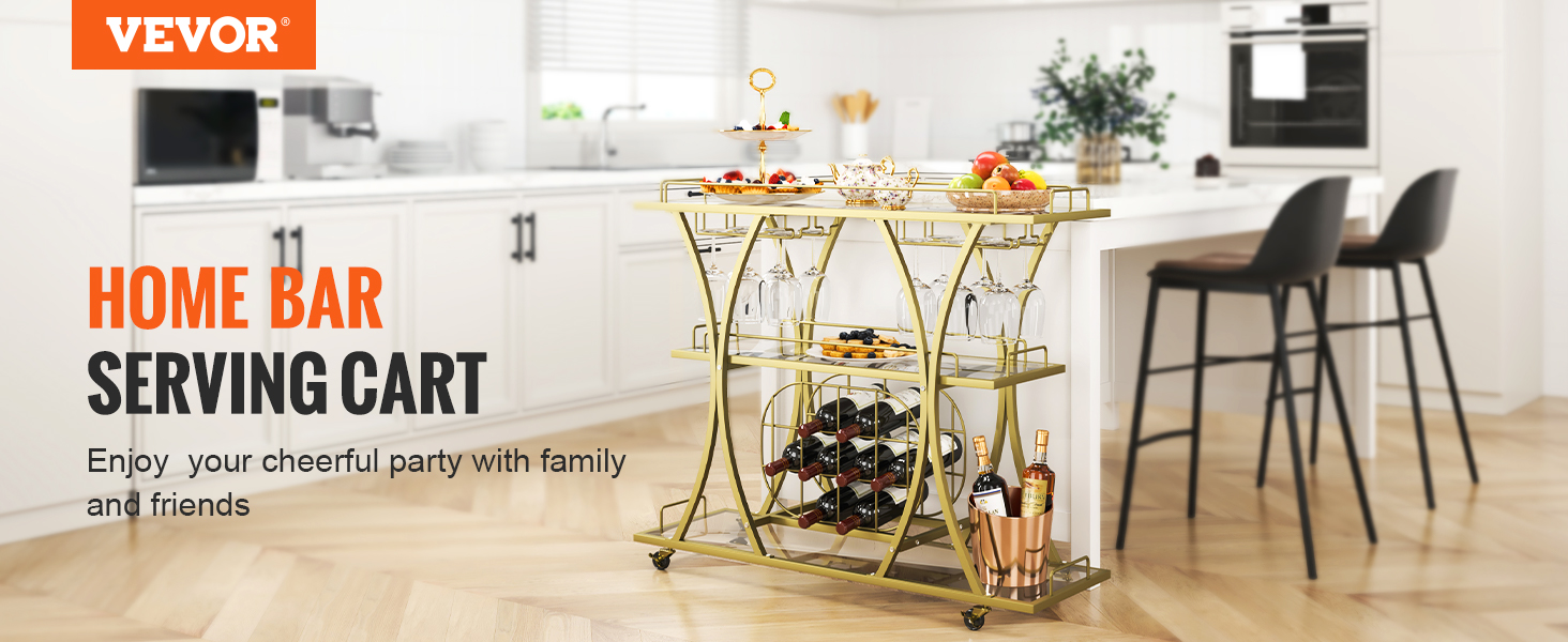 VEVOR 3 Tiers Gold Metal Bar Serving Cart with Wine Rack Glass Holder ...