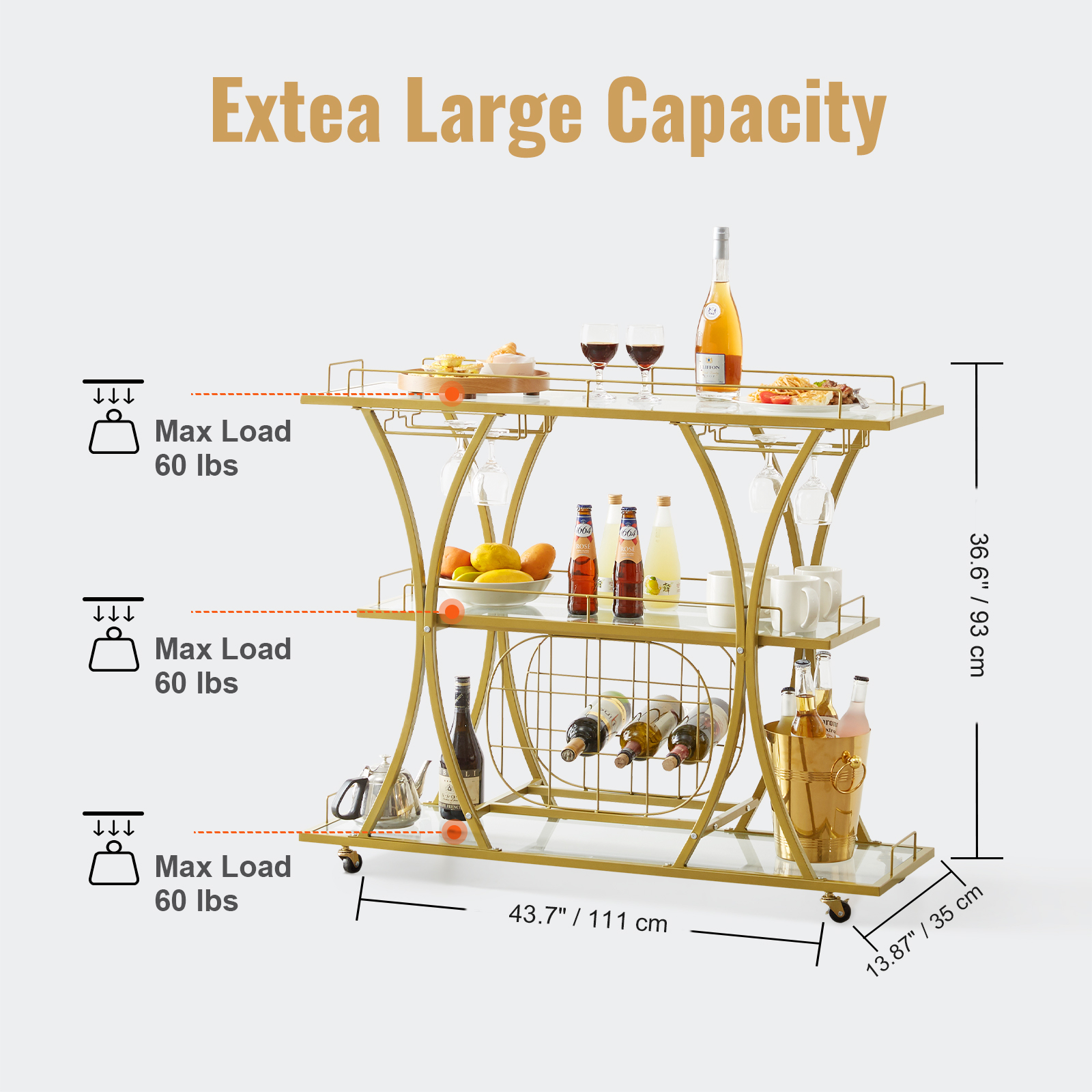 VEVOR 3 Tiers Gold Metal Bar Serving Cart with Wine Rack Glass Holder ...
