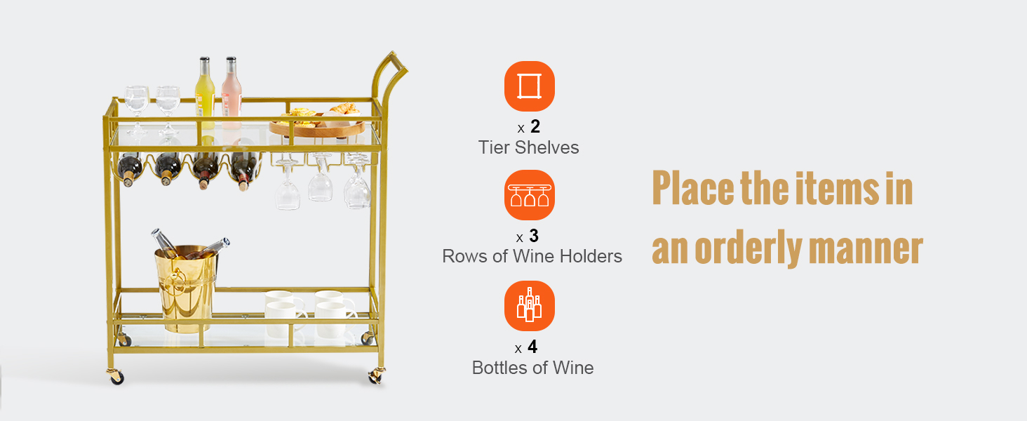 VEVOR 2 Tiers Gold Metal Bar Serving Cart with Wine Rack Glass Holder ...
