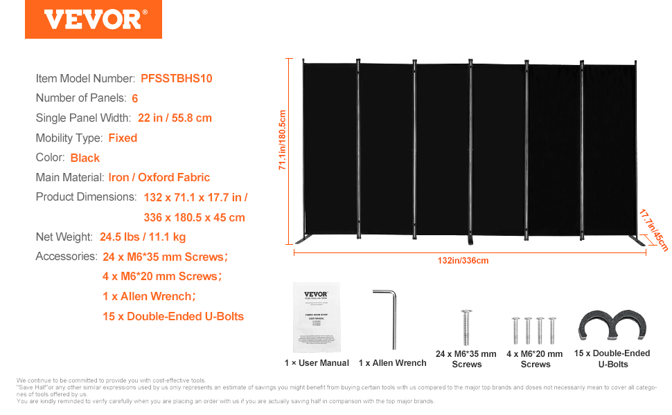 VEVOR Room Divider 6 Panels Fabric Room Privacy Screen for Office ...