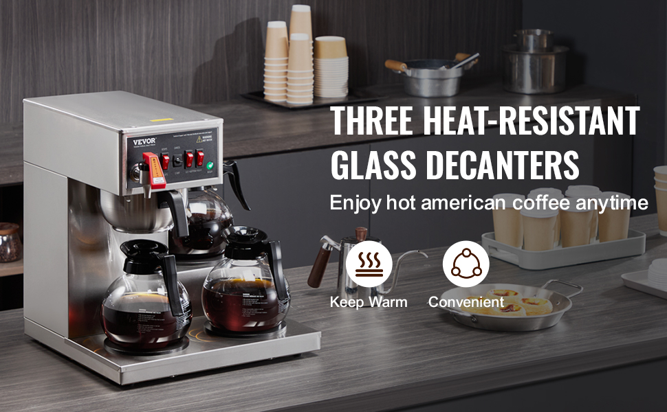 VEVOR 12 Cups Commercial Drip Coffee Maker with 3 Glass Carafes and 3 ...