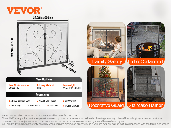 VEVOR Fireplace Screen 1 Panel with Door, Sturdy Iron Mesh Fireplace ...