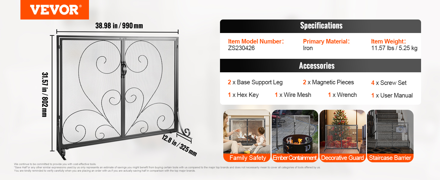 VEVOR Fireplace Screen 1 Panel with Door, Sturdy Iron Mesh Fireplace ...