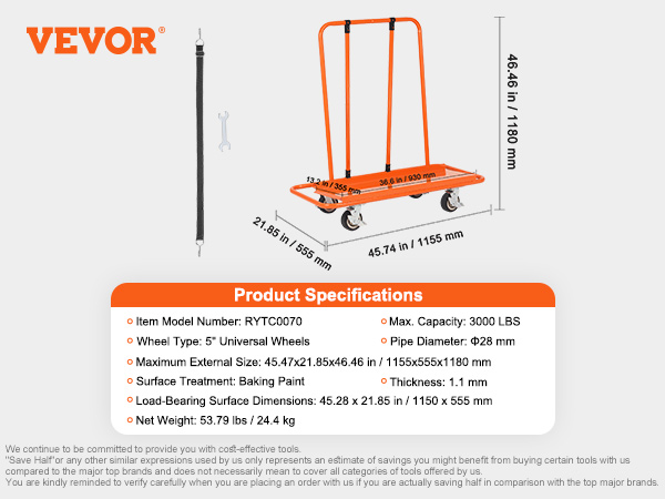VEVOR Drywall Cart, 3000 LBS Panel Dolly Cart with 45.28" x 21.8" Deck ...