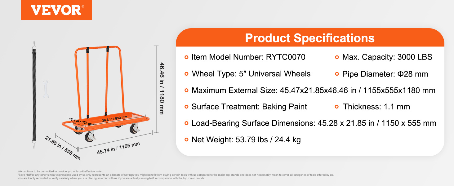 VEVOR Drywall Cart, 3000 LBS Panel Dolly Cart with 45.28" x 21.8" Deck ...