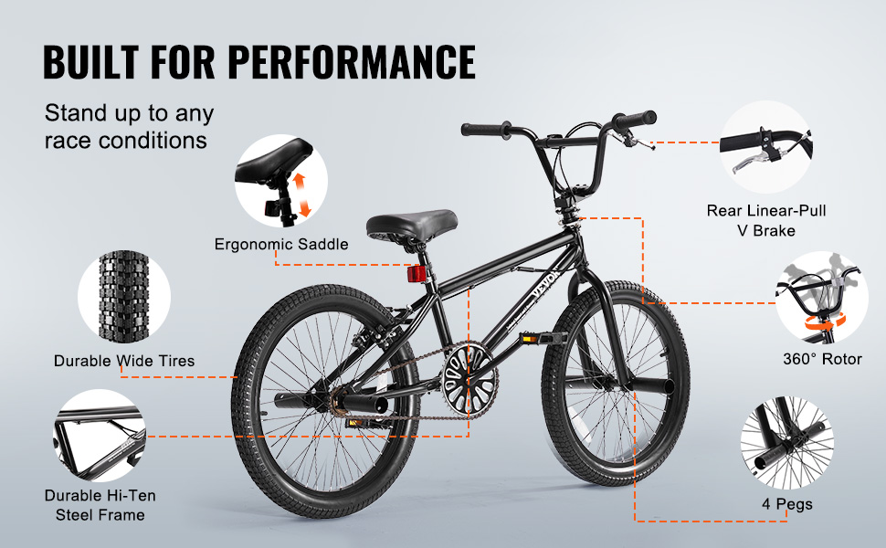 VEVOR 20-Inch BMX Bike Freestyle Bike Men Kids BMX Bicycle Hi-Ten Steel Frame | VEVOR US