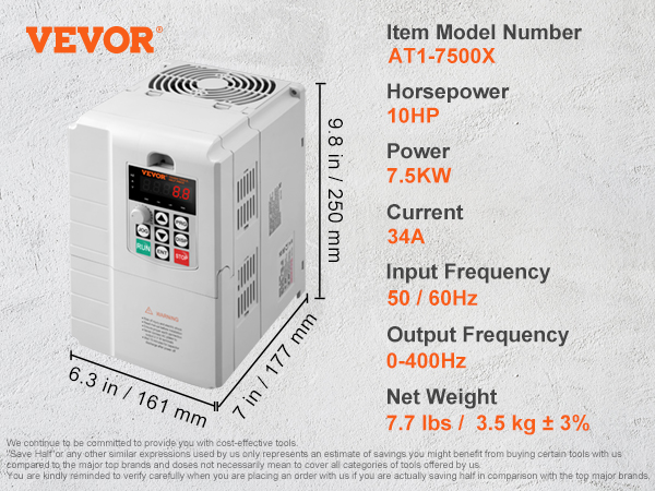 VEVOR VFD 7.5KW, 34A, 10HP Variable Frequency Drive for 3-Phase Motor ...