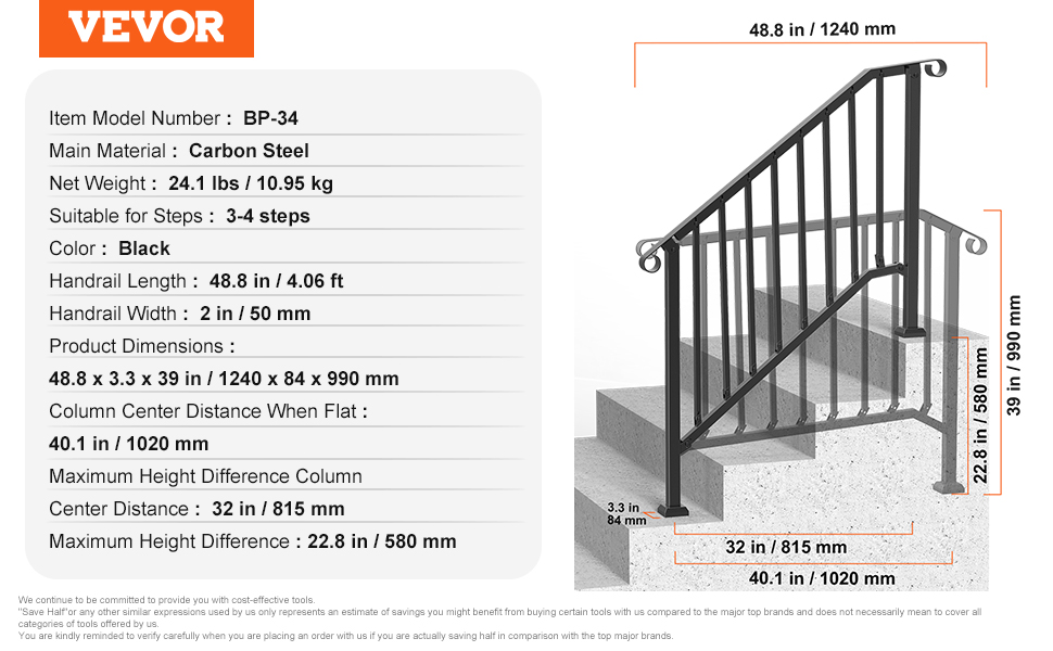 VEVOR 3-4 Step Handrails for Outdoor for Seniors Porch Deck Black Retro ...