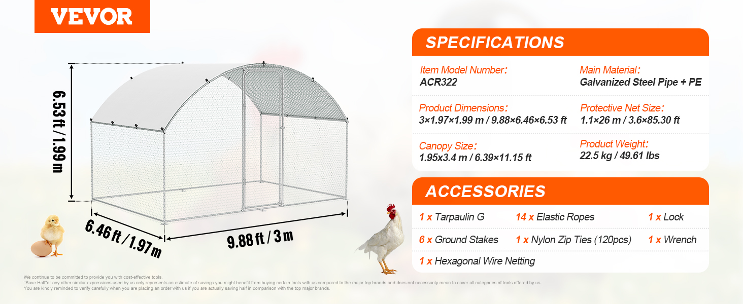 VEVOR Chicken Coop, 9.8x6.5x6.5ft Walk-in Large Metal Chicken Run for ...