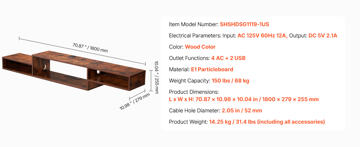 VEVOR Floating TV Stand, 70" Wall Mount Entertainment Center with Power ...