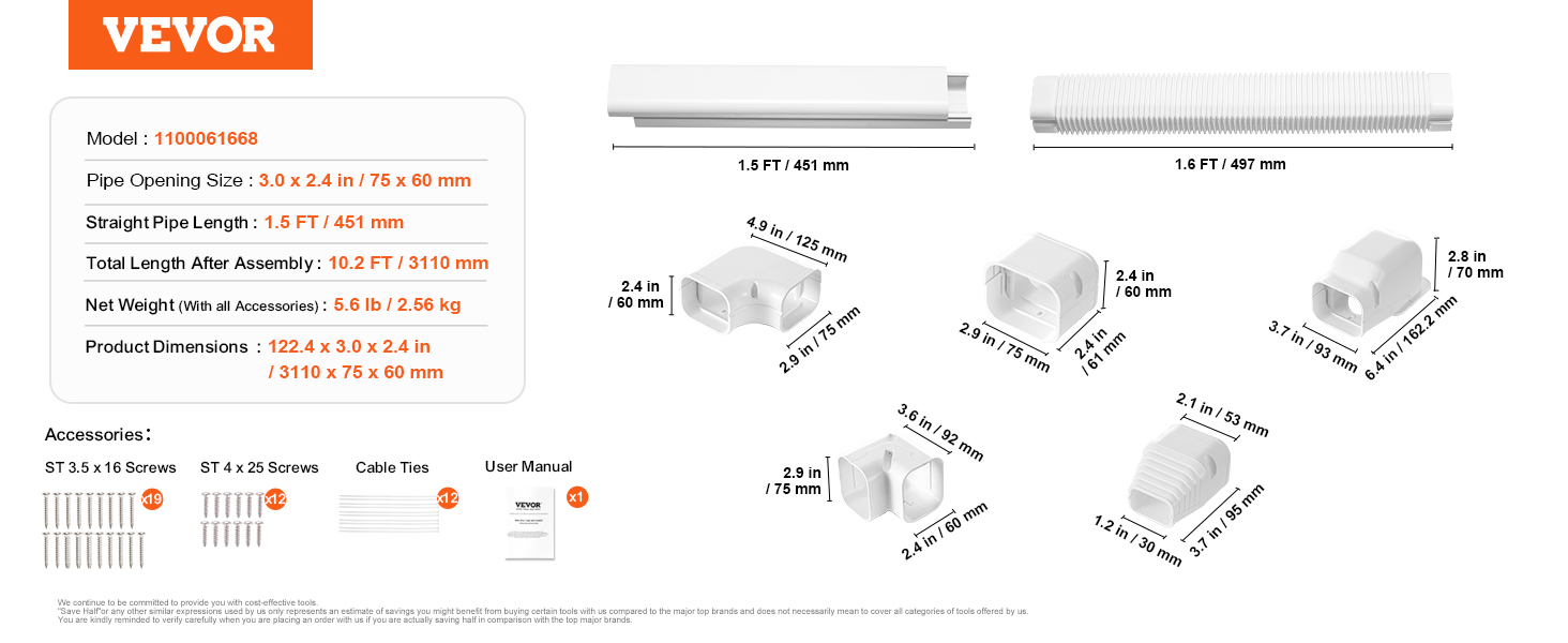 VEVOR Mini Split Line Set Cover 3-inch W 10Ft L, PVC Decorative Pipe ...