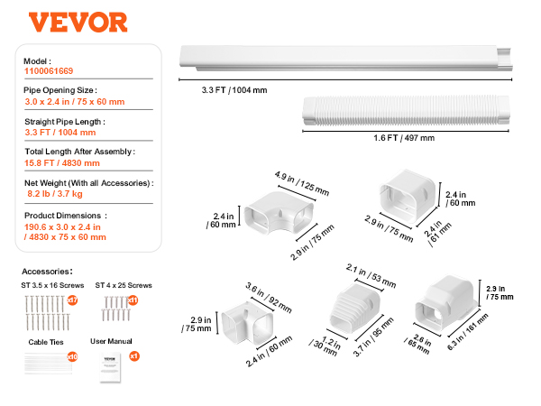 VEVOR Mini Split Line Set Cover 3-inch W 15.8Ft L, PVC Decorative Pipe ...