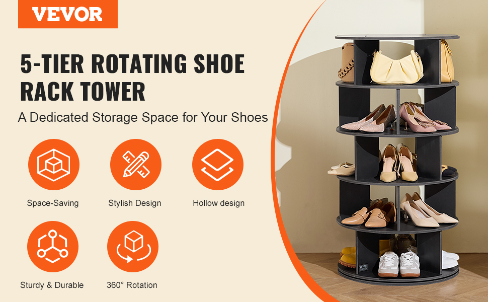 VEVOR 5 Tiers Rotating Shoe Rack Tower, 360°Spinning Shoe Display ...