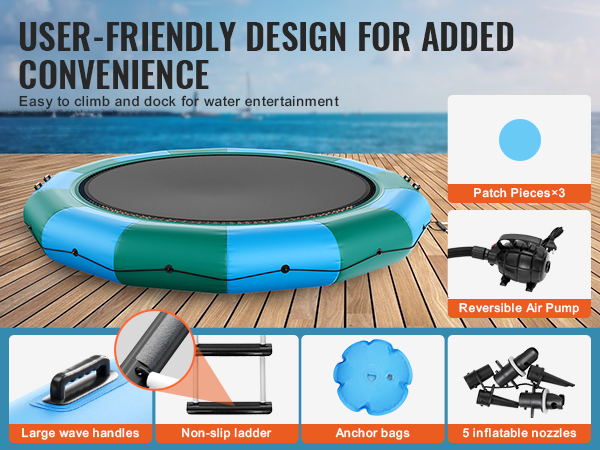 VEVOR Inflatable Water Bouncer, 15ft Recreational Water Trampoline ...