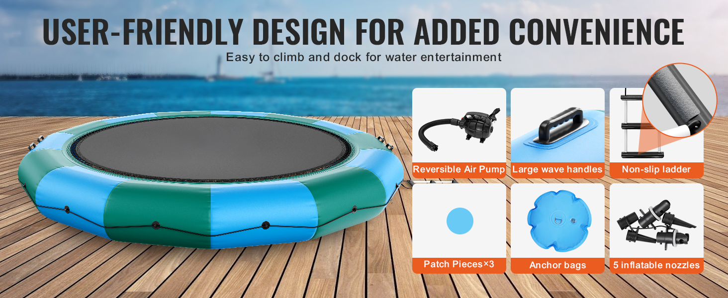VEVOR Inflatable Water Bouncer, 15ft Recreational Water Trampoline ...
