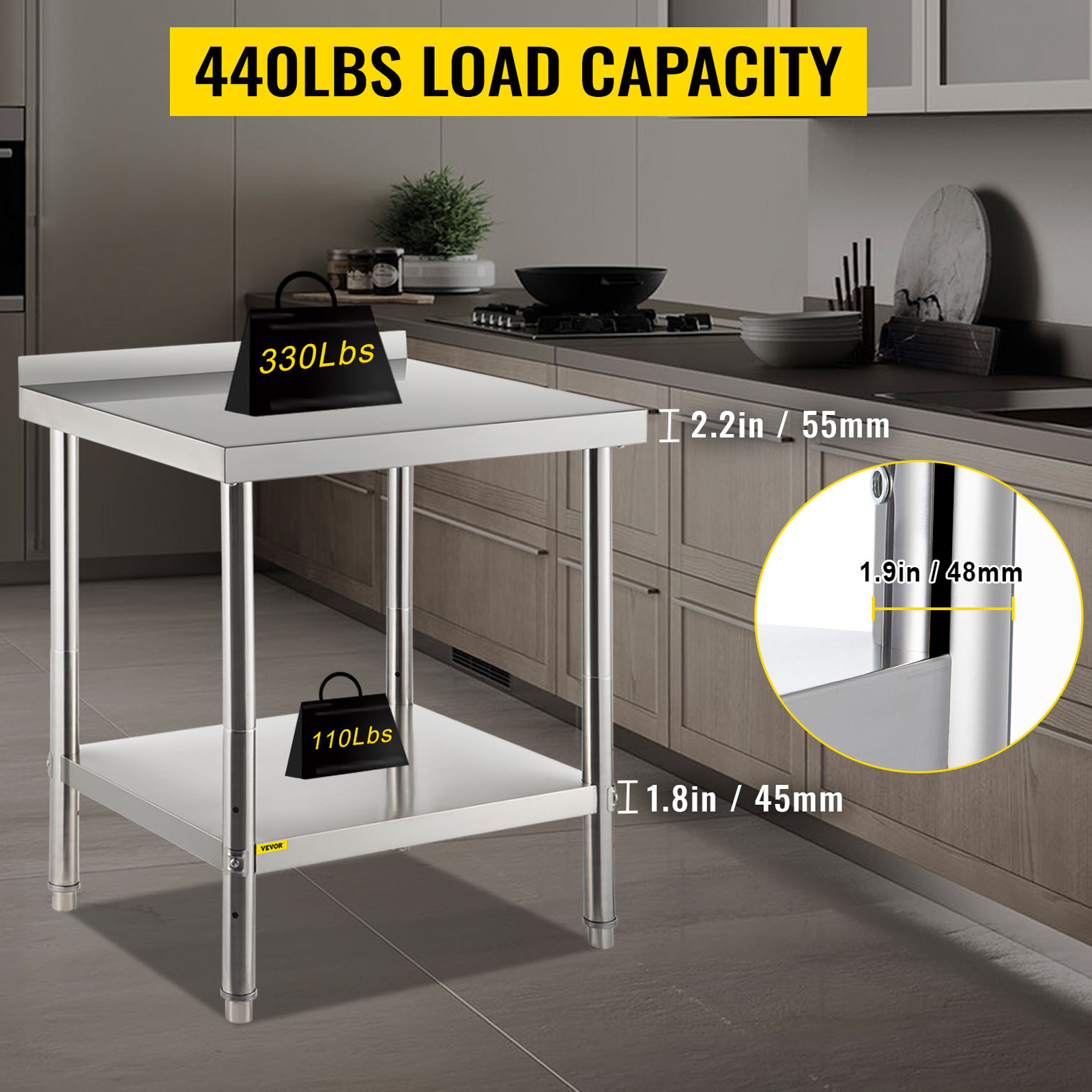 VEVOR Stainless Steel Prep Table, 30 x 24 x 35 Inch, 440lbs Load ...