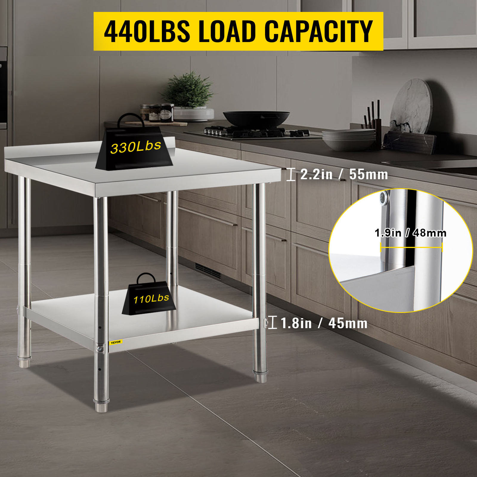 VEVOR Stainless Steel Prep Table, 36 x 24 x 35 Inch, 440lbs Load ...