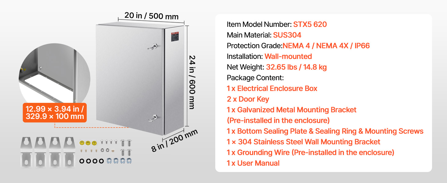 VEVOR Steel Electrical Box, 24"x 20"x 8", 304 Stainless Steel ...