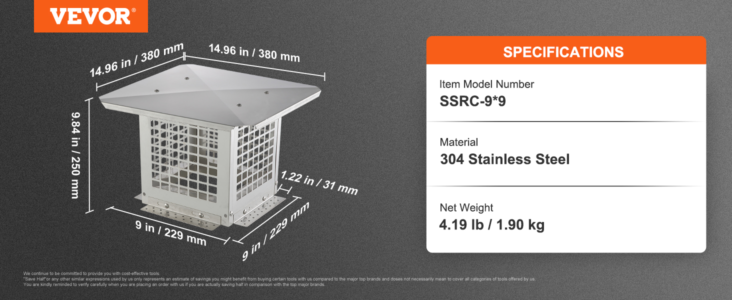 VEVOR Chimney Cap, 9 x 9 inch, 304 Stainless Steel Fireplace Chimney ...