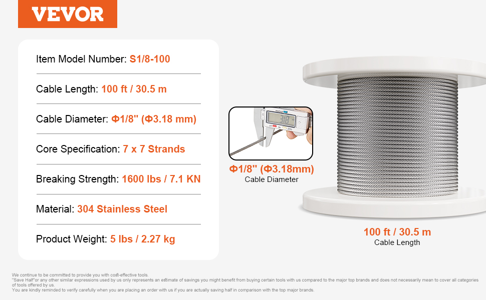 VEVOR T304 Stainless Steel Cable 1/8" 7x7 Steel Wire Rope 100 ft Cable ...