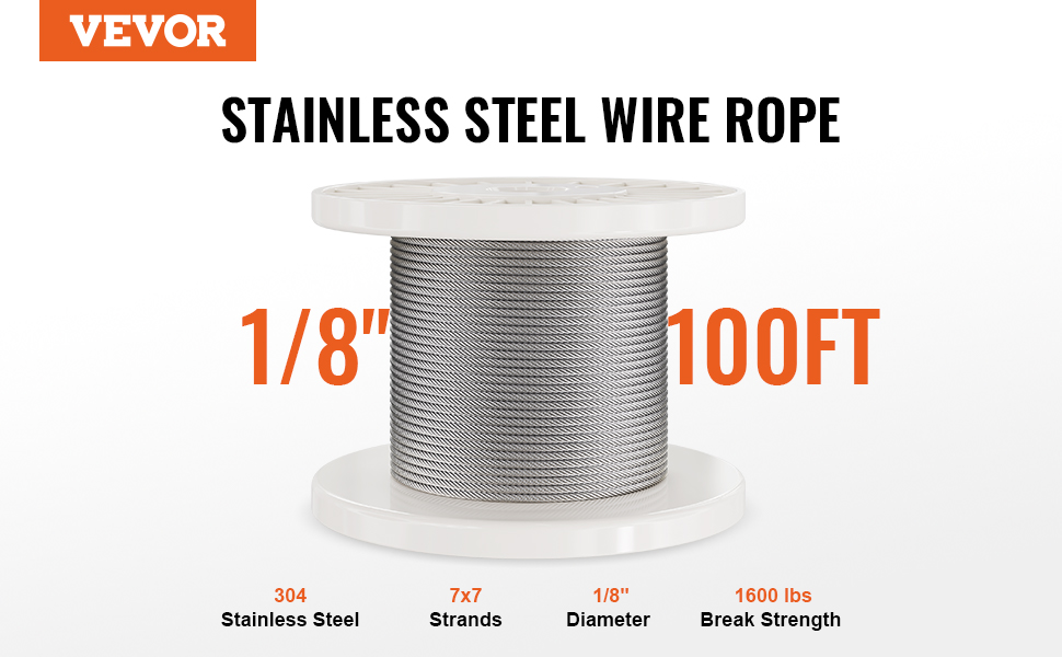 VEVOR T304 Stainless Steel Cable 1/8" 7x7 Steel Wire Rope 100 ft Cable ...