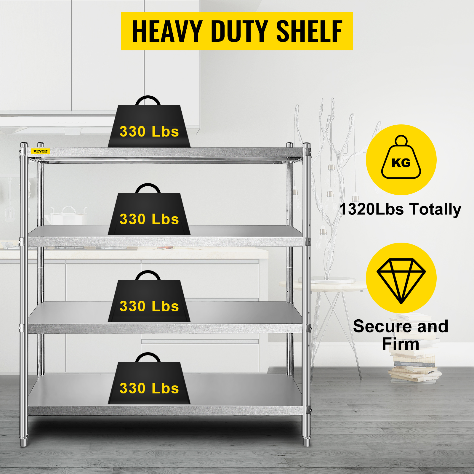 VEVOR Stainless Steel Shelving 60x18.5 Inch 4 Tier Adjustable Shelf ...