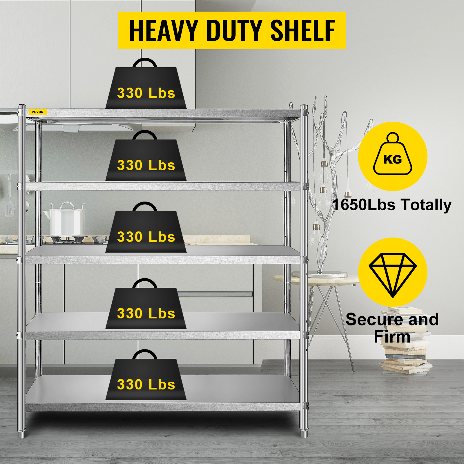 VEVOR Stainless Steel Shelving 60x18.5 Inch 5 Tier Adjustable Shelf ...