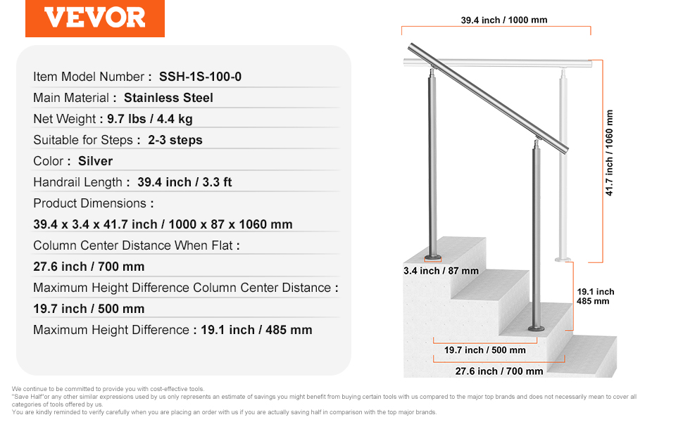 VEVOR 39.4in / 100cm Handrails for Outdoor Steps Staircase Porch Deck ...