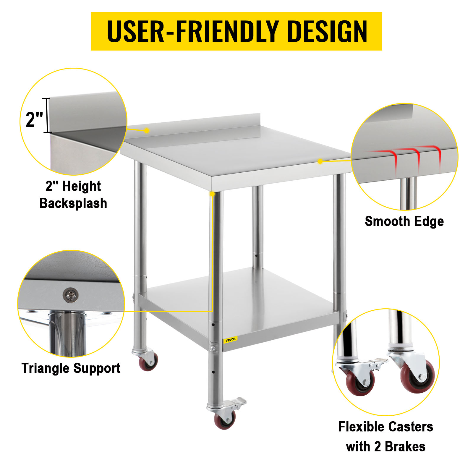 VEVOR Stainless Steel Prep Table, 24 x 24 x 35 Inch, 440lbs Load ...