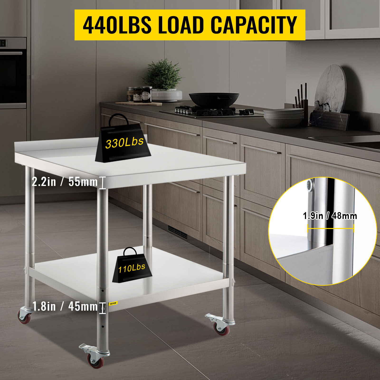 VEVOR Stainless Steel Prep Table, 30 x 24 x 35 Inch, 440lbs Load ...