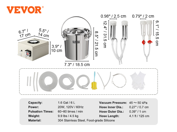 VEVOR Goat Milking Machine, 6 L 304 Stainless Steel Bucket, Electric ...