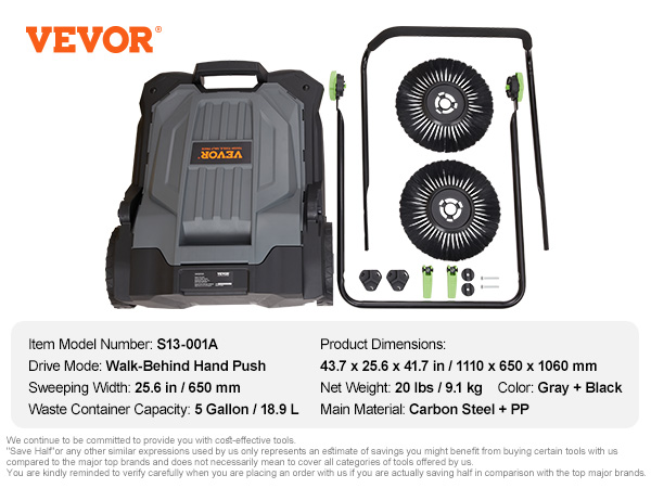 VEVOR Walk-behind Hand Push Floor Sweeper, 25.6" Sweeping Width Floor ...