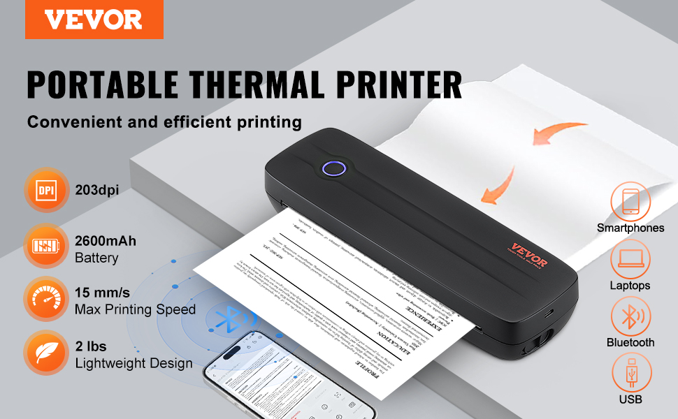 VEVOR Portable Printer - 2600mAh Battery, 203 DPI, Bluetooth Inkless ...