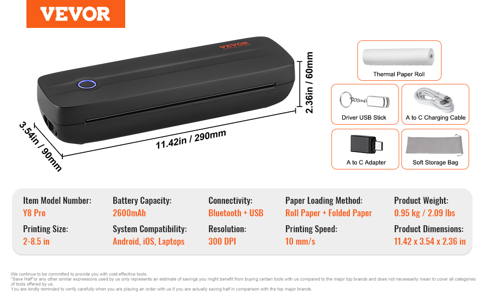 VEVOR Portable Thermal Printer - 2600mAh Battery, 300 DPI, Bluetooth ...