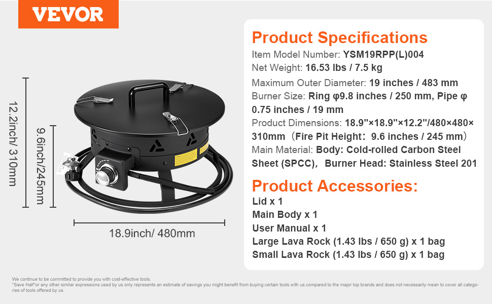 VEVOR Propane Fire Pit 19” Outdoor Portable Gas Fire Pit for Heating ...