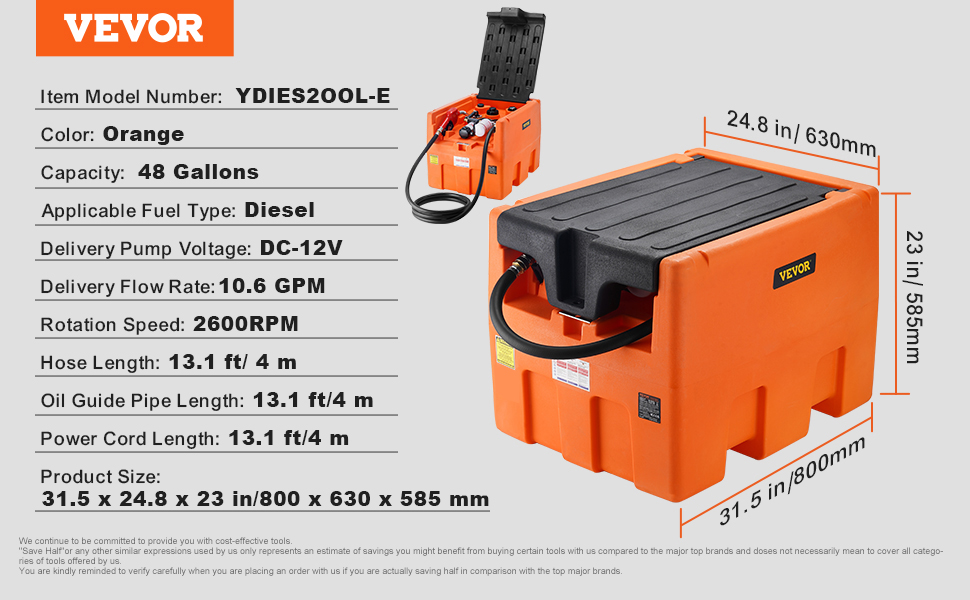 VEVOR Portable Diesel Tank 48 Gal Fuel Tank with 12V Electric Transfer ...