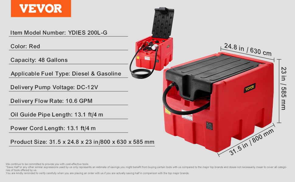 VEVOR Portable Diesel & Gasoline Tank 48 Gal Fuel Tank with 12V ...
