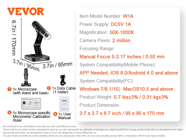 VEVOR Wireless Digital Microscope 50X-1000X 1080P HD WiFi Portable ...