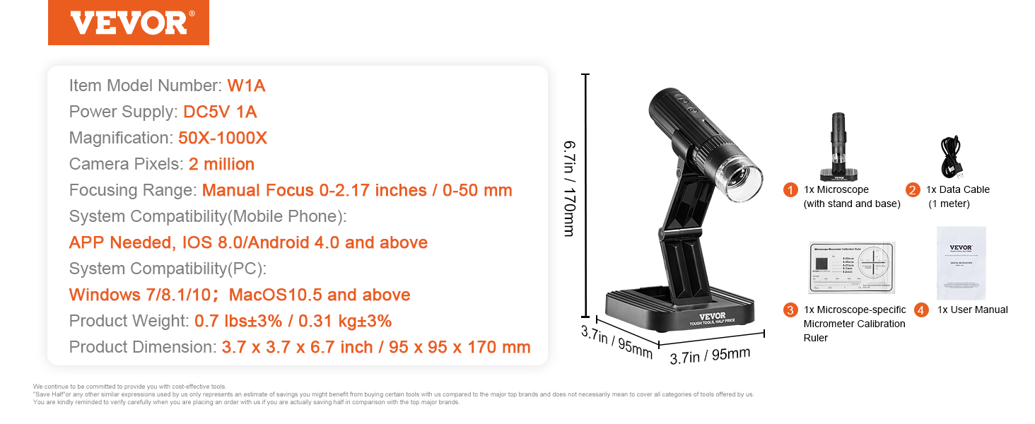 VEVOR Wireless Digital Microscope 50X-1000X 1080P HD WiFi Portable ...