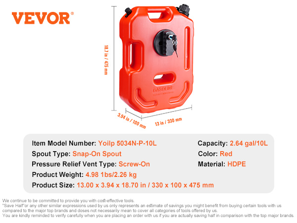 VEVOR Gas Can, 2.64 Gallon/10L, Fuel Tank with Spout and Lockable ...