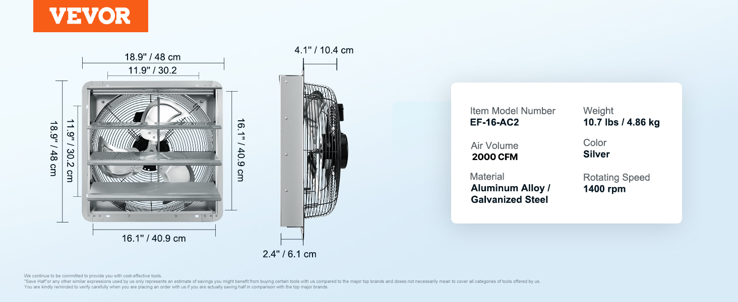 VEVOR 16'' Shutter Exhaust Fan, High-speed 2000 CFM, Aluminum Wall ...